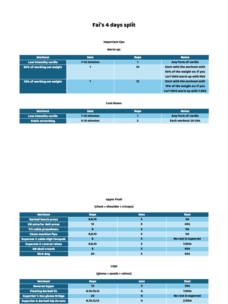 4-Day Workout Split Guide | PDF | Weight Training | Physical Exercise