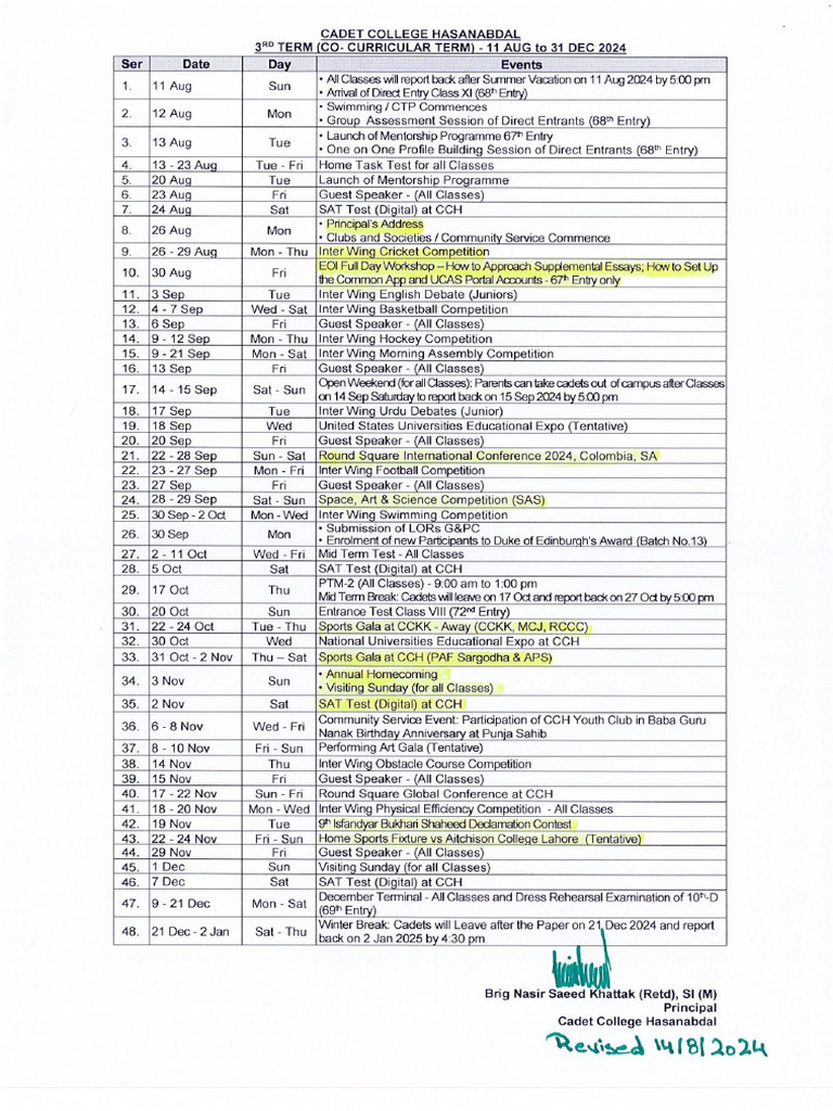 Revised Calendar of Events 3rd Term 2024 | PDF