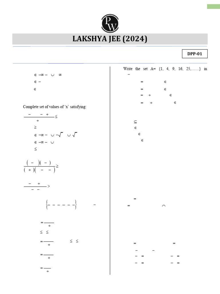 Relation & Functions - DPP 01 - Lakshya JEE 2024 | PDF | Mathematics | Mathematical Logic