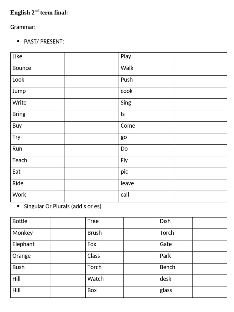 English Grammar Grade 1 2nd Term Final Exam | PDF