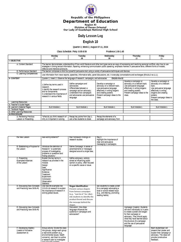 Department of Education: Daily Lesson Log English 10 | PDF | Learning | Cognition