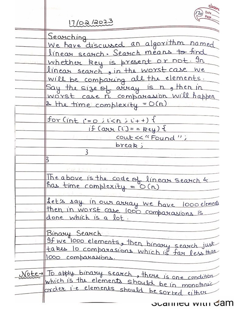 Searching and Sorting ClassI Notes | PDF