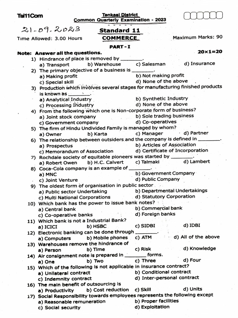 11th Commerce EM Quarterly Exam 2023 Original Question Paper Thenkasi District English Medium ...