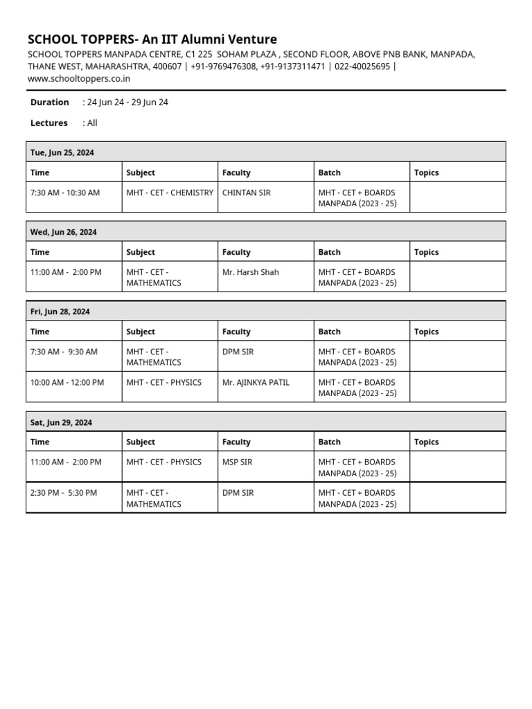 12th MHT CET Batch Lecture Schedule - Manpada Center | PDF