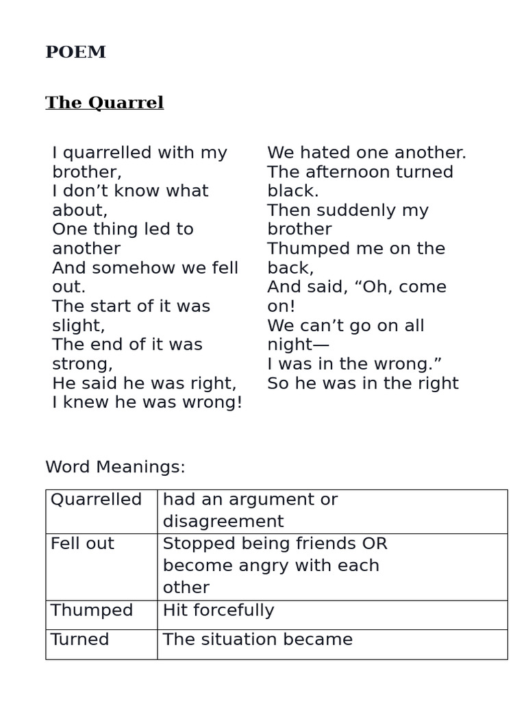 Sibling Rivalry in "The Quarrel" Poem | PDF