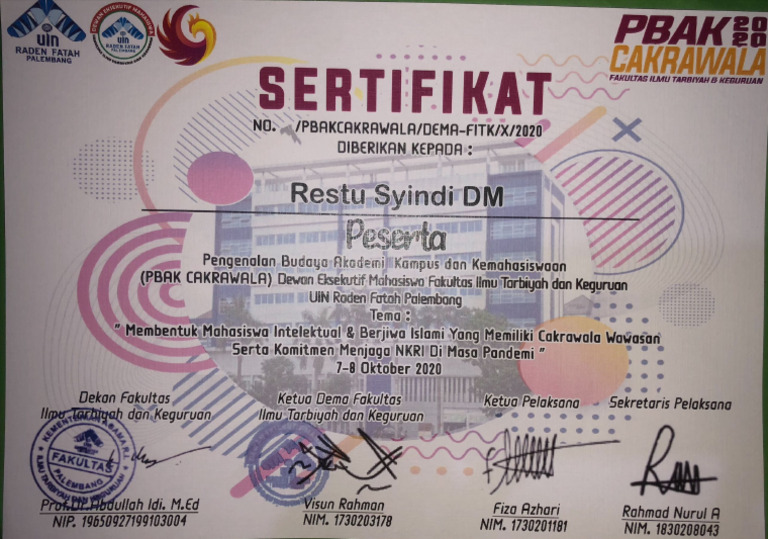 sertifikat ospek universitas Restu | PDF