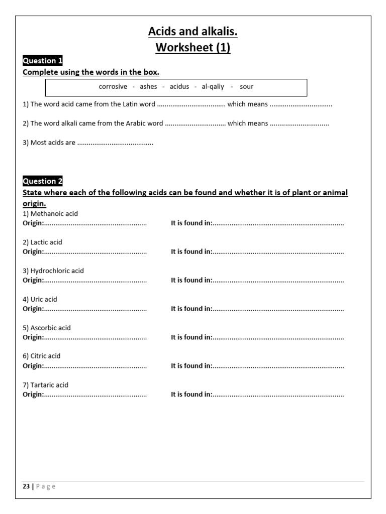 Acids and Alkalis Sheets-1 | PDF | Acid | Chemical Compounds