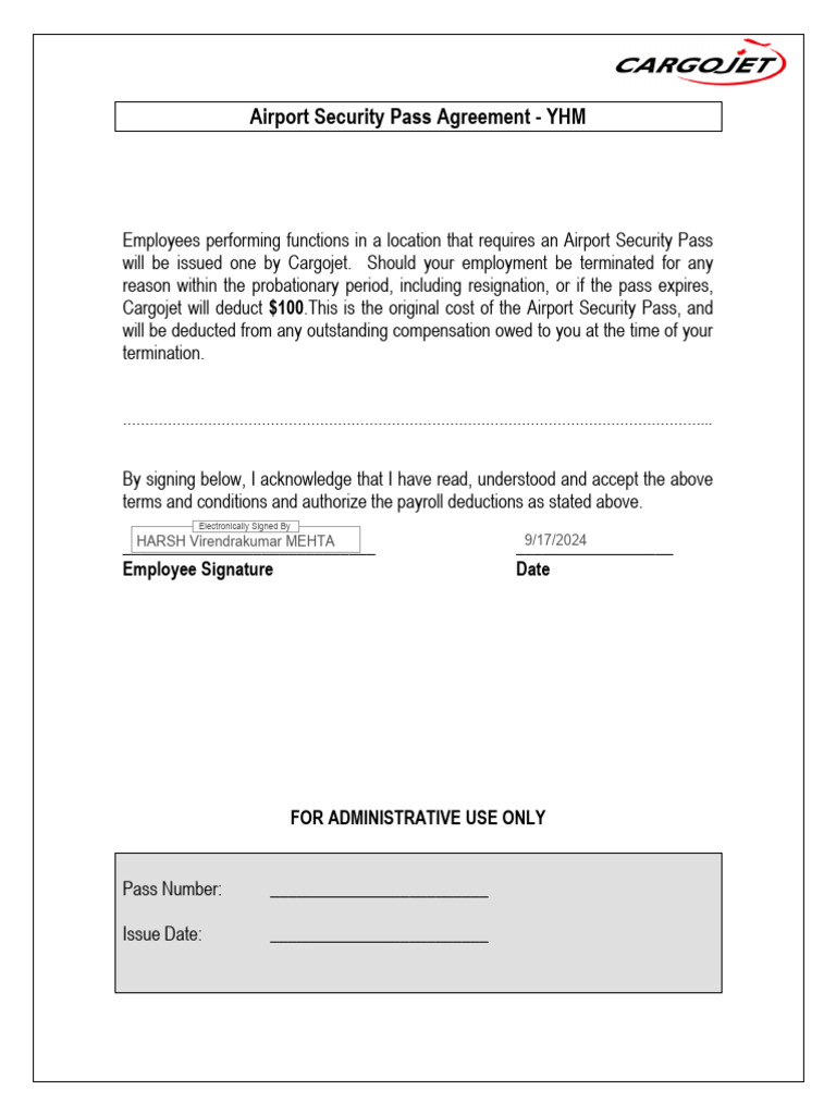 Airport Security Pass Agreement (YHM) | PDF