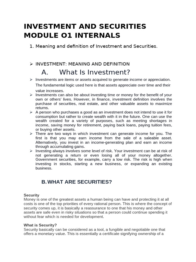 Investment and Securities Module O1 Internals | PDF | Securities (Finance) | Investing