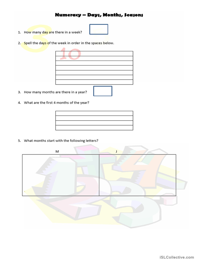 Numeracy - Days, Months, Seasons, Time | PDF | Social Science ...