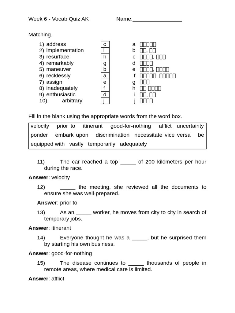 Week 6 vocab quiz AK - 복사본 | PDF | Teaching Methods & Materials