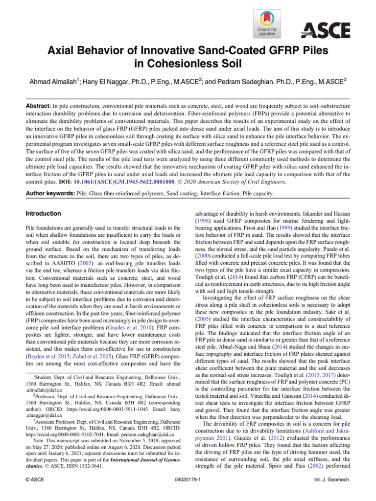 Axial Behavior of Innovative Sand-Coated GFRP Piles in Cohesionless ...