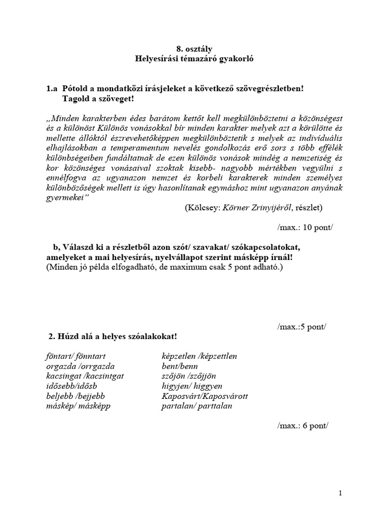 8 Oszt Nyelvtan Felmérő Példa | PDF