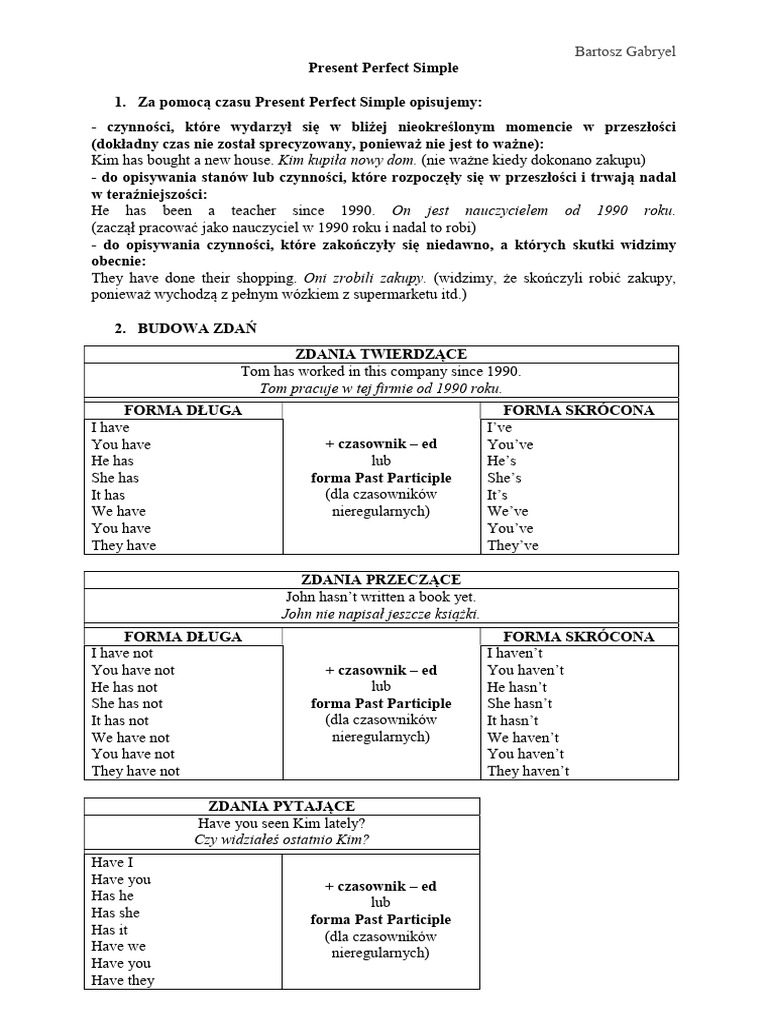 Present Perfect Simple - Zasady Użycia | PDF