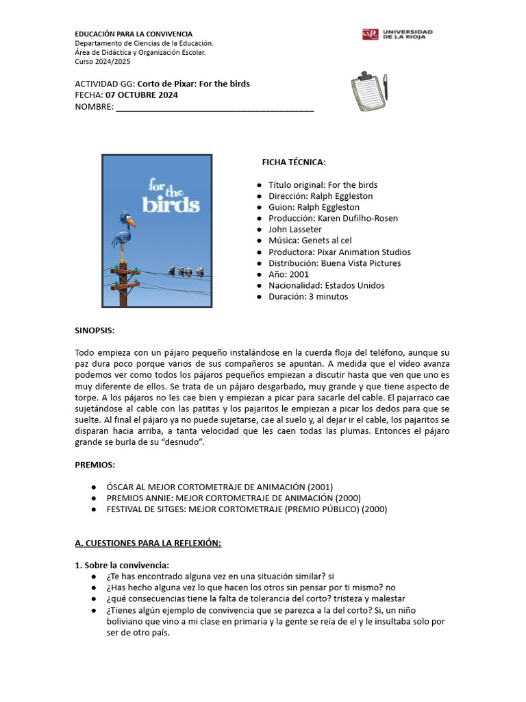 Actividades sobre "For the Birds" | PDF | Artes del Lenguaje y Comunicación