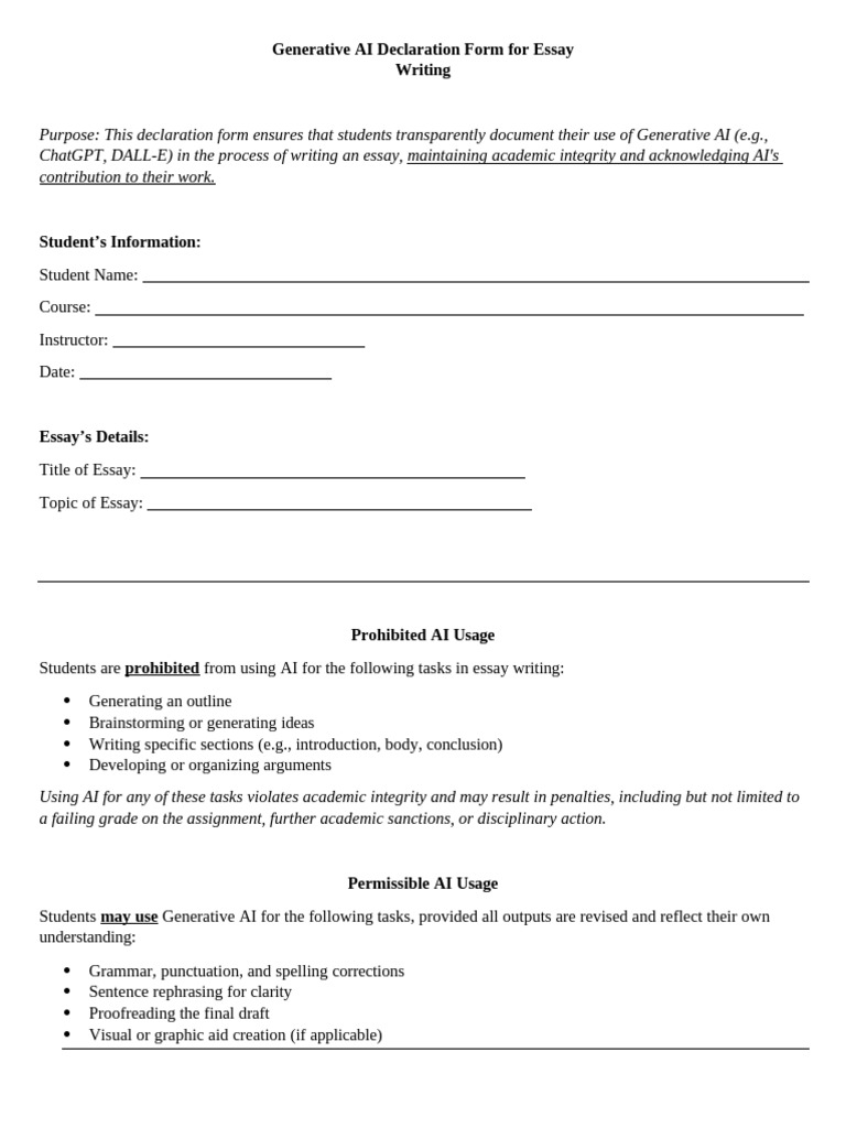 Generative-AI-Declaration-Form-for-Essay-Writing | PDF