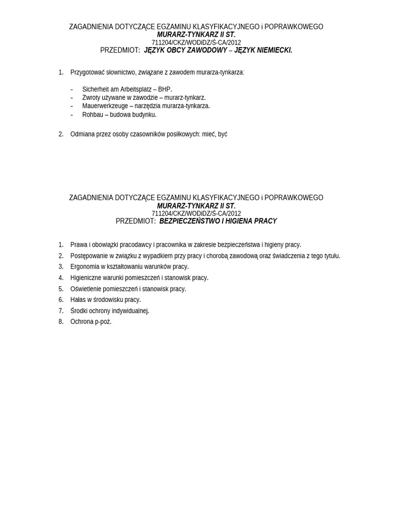 Zagadnienia Do Egzaminów MURARZ TYNKARZ II | PDF