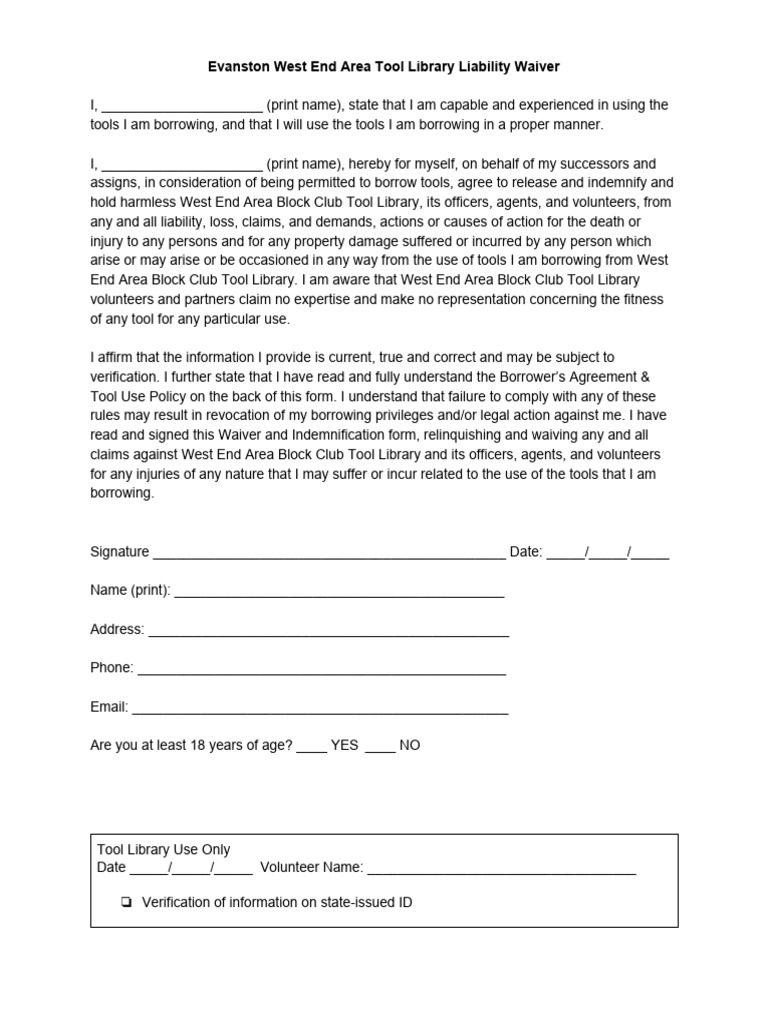 Tool Library Liability Waiver | PDF | Indemnity | Business Law