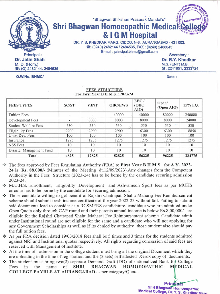 Fees Structure For The A.Y 2023 24 2 | PDF