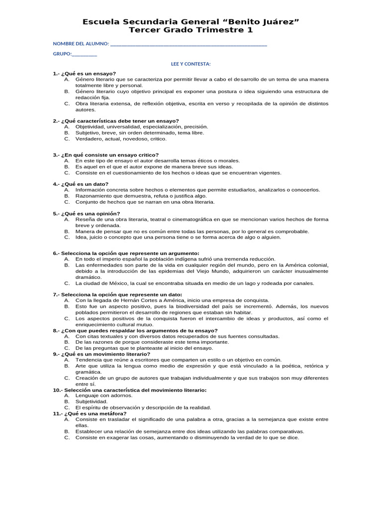 Examen Español 3° Grado Bloque 1 | PDF | Ensayos | Autor