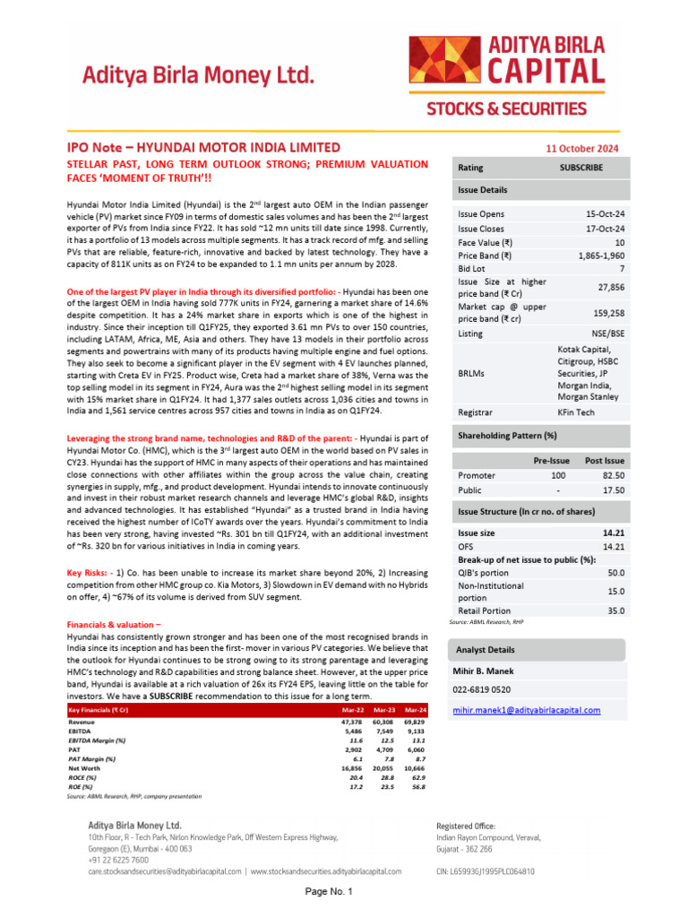 Hyundai Motor IPO Analysis by Aditya Birla | PDF | Investing | Economies