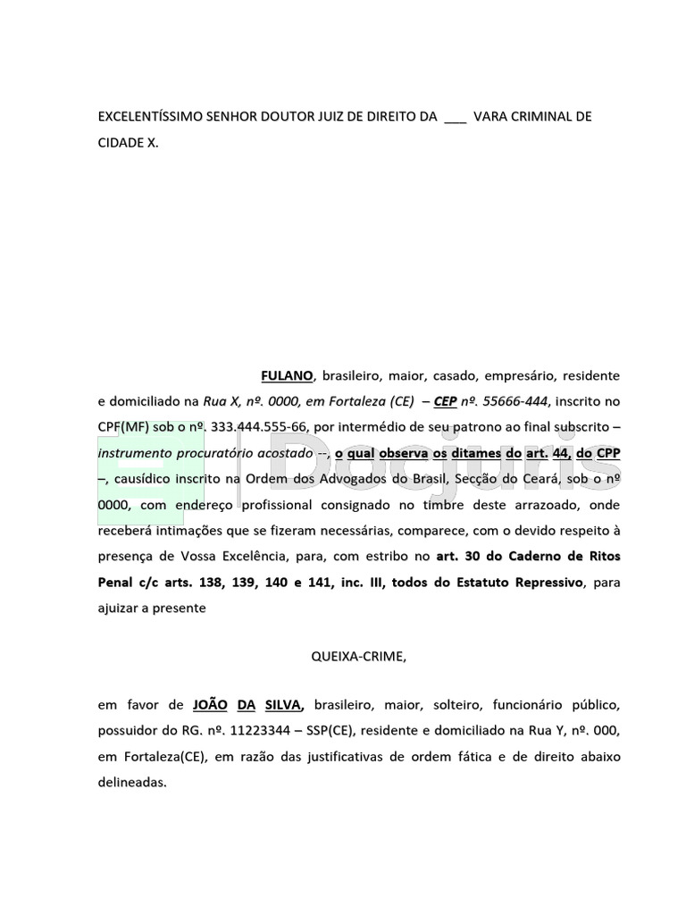 MODELO PENAL Queixa Crime Difamacao Calunia Injuria | PDF | Difamação ...