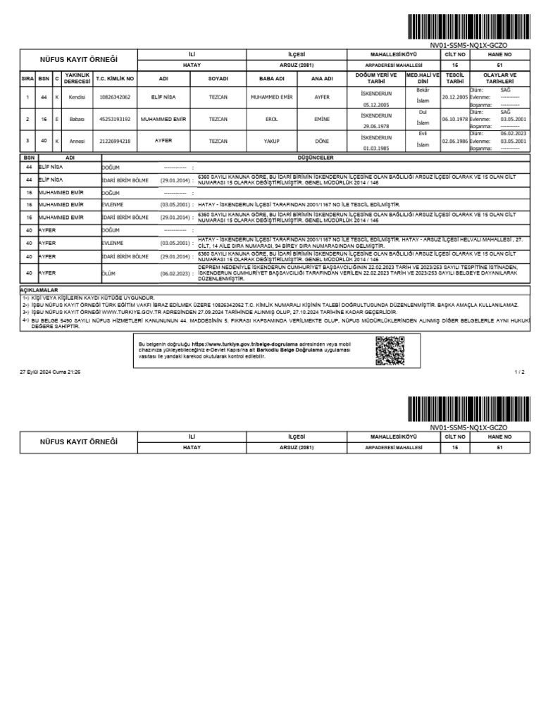 Nufus Kayit Ornegi | PDF