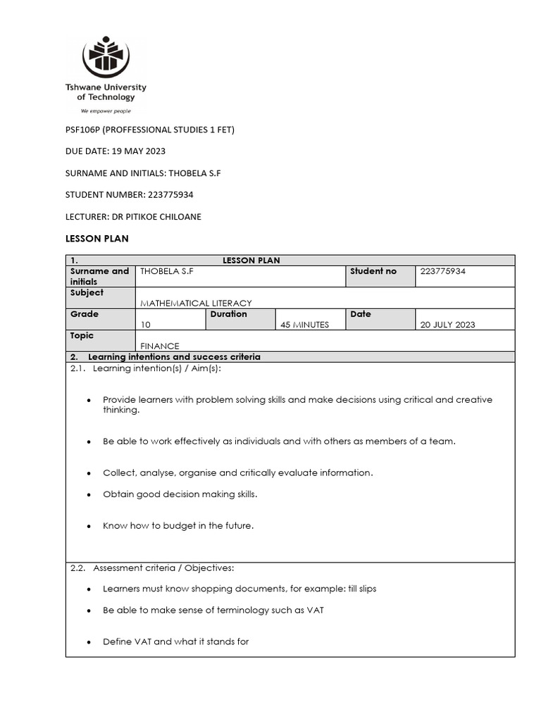 Grade 10 Finance Lesson Plan | PDF | Value Added Tax | Learning