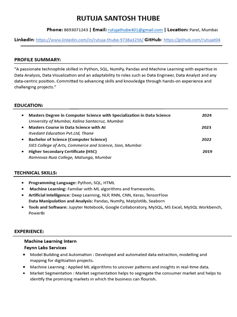 Rutuja Thube-Resume | PDF | Machine Learning | Computing