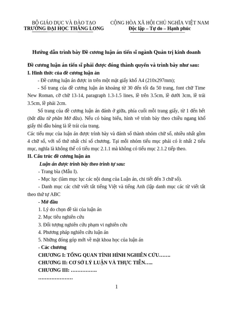 Huong Dan Trinh Bay de Cuong Luan An Tien Si QTKD | PDF
