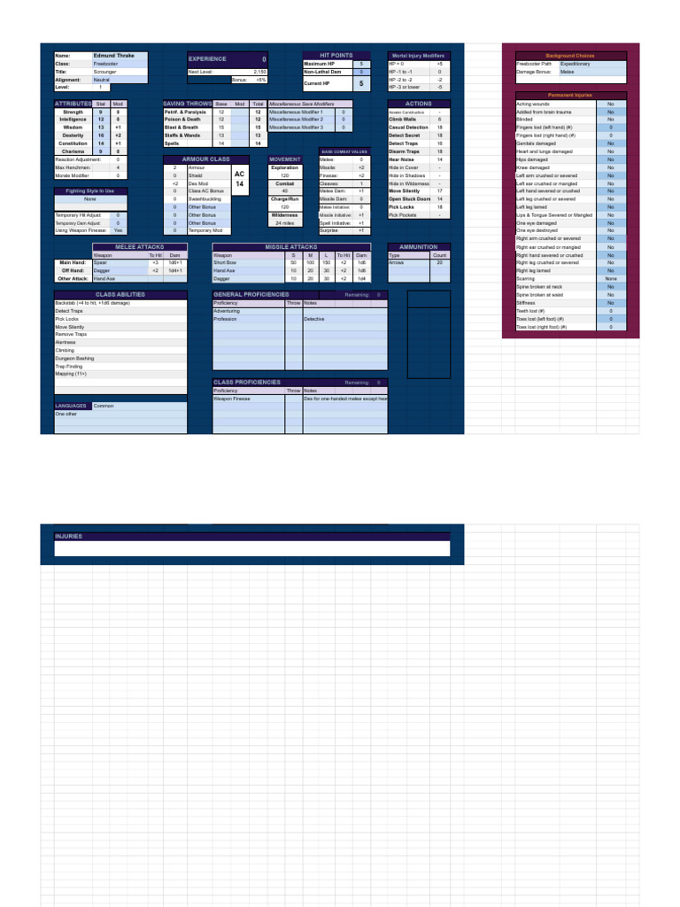 Freebooter 1 ACKS Character Sheet | PDF