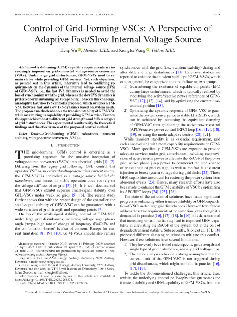 Control of Grid-Forming VSCs A Perspective of Adaptive Fast Slow Internal Voltage Source | PDF ...
