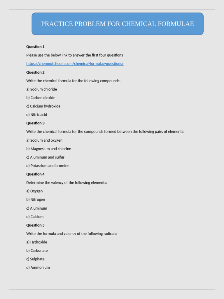 Chemical Formula Practice Questions | PDF | Hydroxide | Sulfate