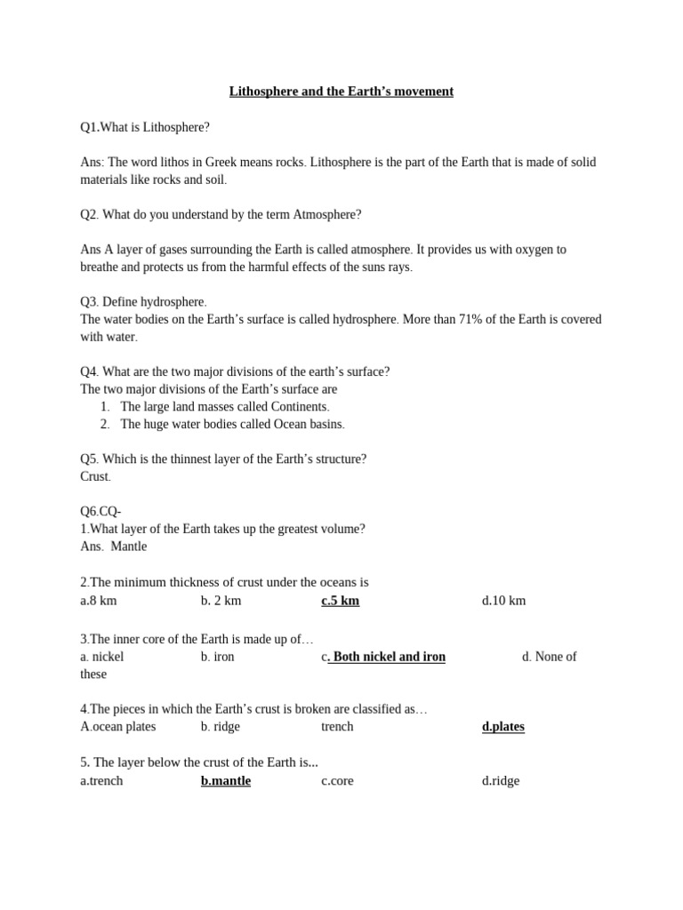 Worksheet 1-Lithosphere and The Earth's Movement-E Class | PDF ...
