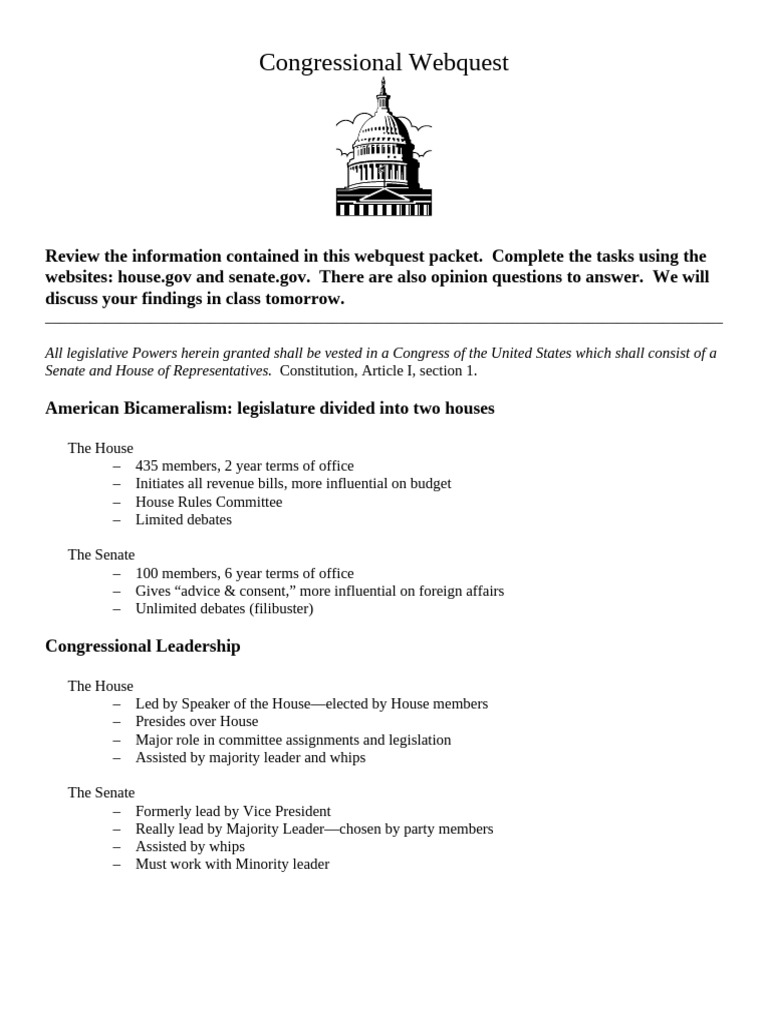 Congressional Webquest 2 | PDF | United States Congress | American ...