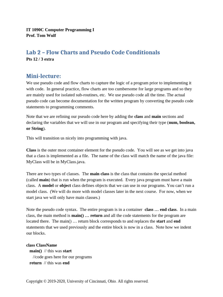 Lab 02 Conditional Flow Charts and Pseudo Code Fall 2019-20 | PDF ... Lab 02 Conditional Flow Charts and Pseudo Code Fall 2019-20 | PDF ...