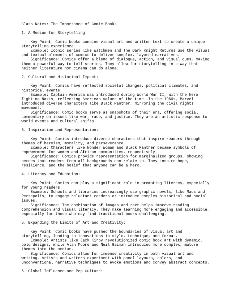Class Notes The Importance of Comic Books | PDF | Comic Book | Comics