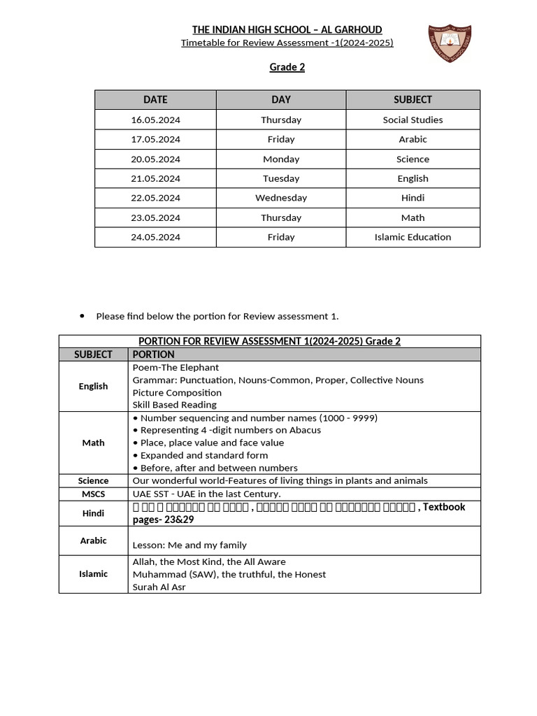 Term 1 - Grade 2 - Review Assessment 1 - Time Table | PDF