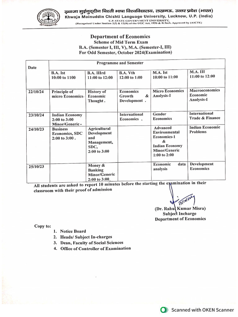 Midterm Exam Schedule - Odd Sem 2024, Department of Economics | PDF
