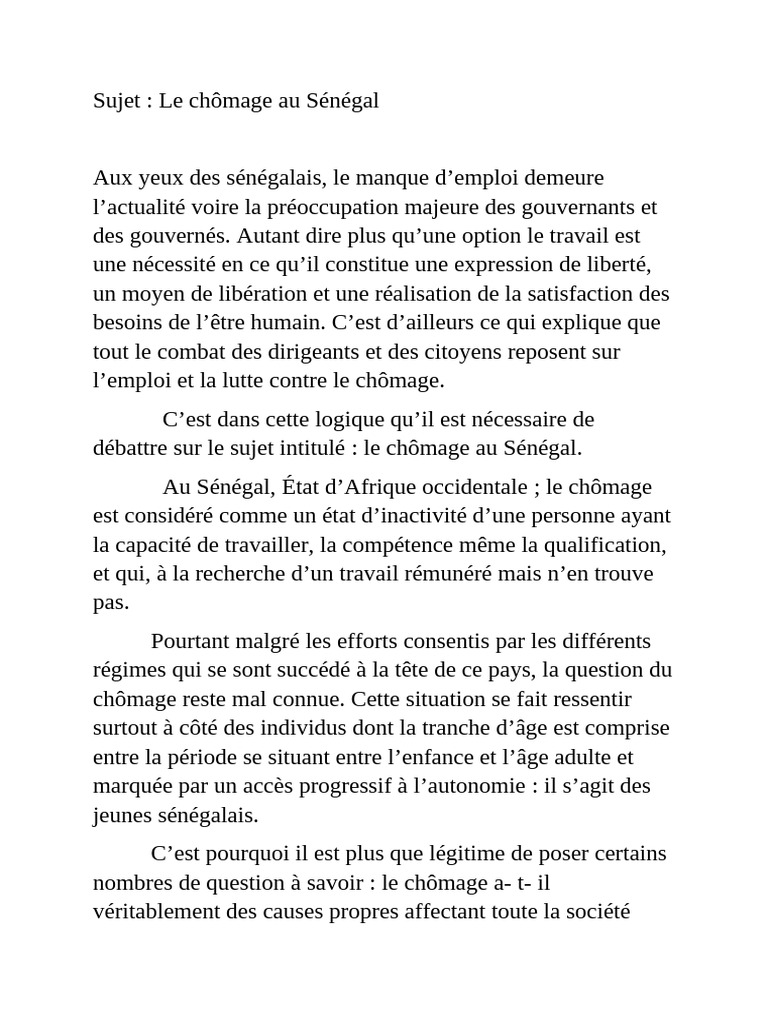 Le Chomage Au Sénégal | PDF | Chômage | Économie du travail