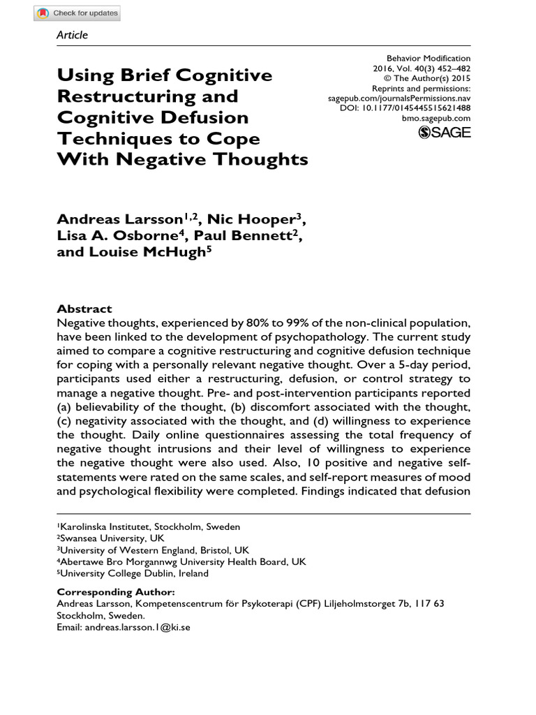 Using Brief Cognitive Restructuring and Cognitive Defusion Techniques To Cope With Negative ...