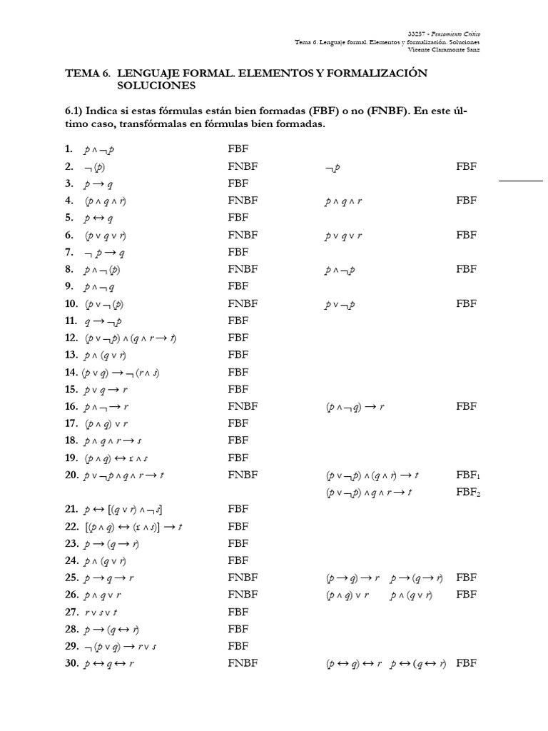 PC. Tema 6. Lenguaje Formal. Elementos y Formalización. Soluciones | PDF | Métodos y materiales ...