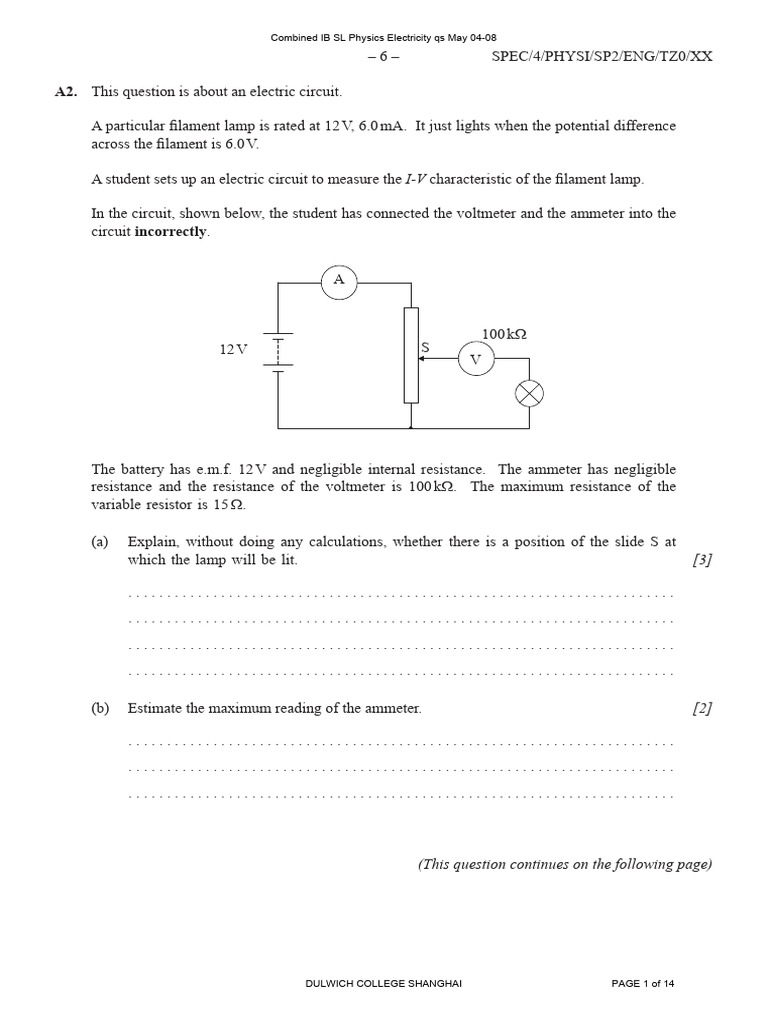 Electricity HL SL Problems | PDF | Electrical Resistance And Conductance | Resistor