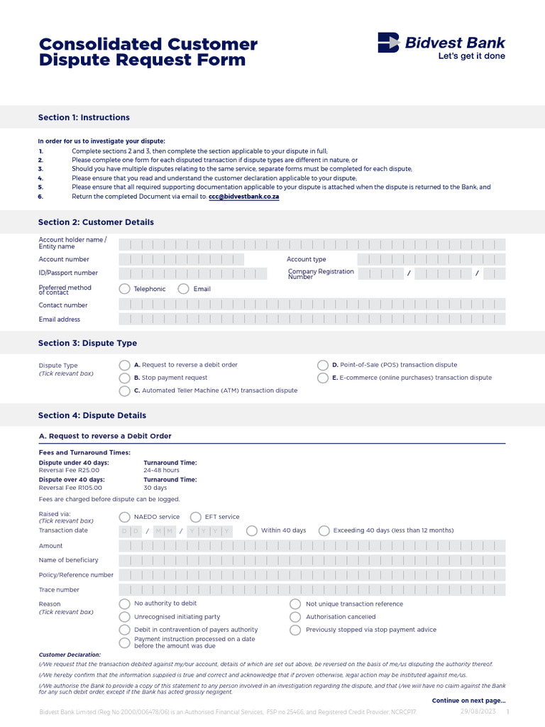 Customer Dispute Request Form Guide | PDF | Automated Teller Machine ...