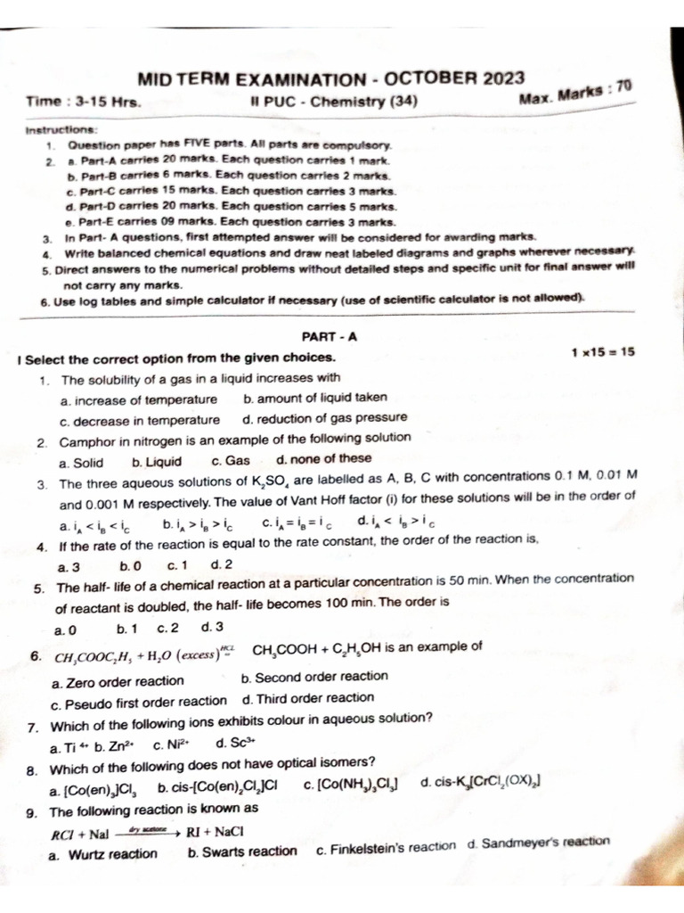 2nd Puc Chemistry Midterm Exam Paper 2023 by DK | PDF