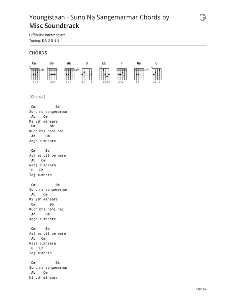 Suno Na Sangemarmar Chords by Misc Soundtracktabs at Ultimate Guitar Archive | PDF