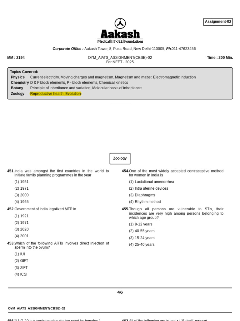 Oym-Aiats-2 Assignment Zoology QP & Sol | PDF | Rna | Birth Control