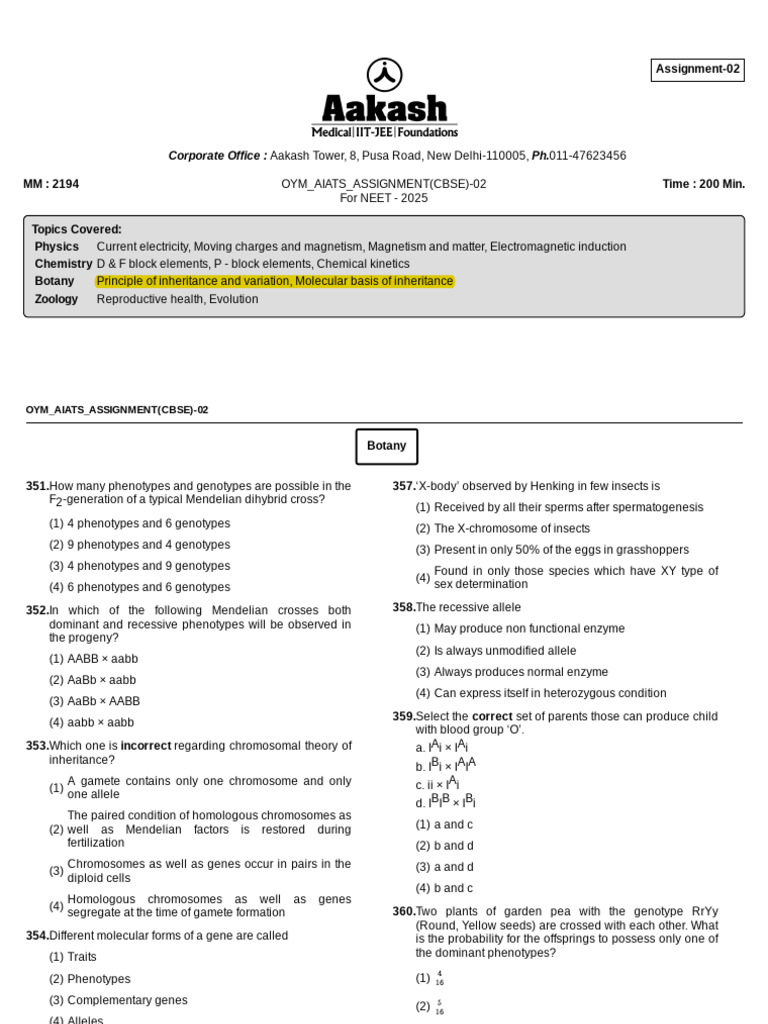 Oym-Aiats-2 Assignment Botany QP & Sol | PDF | Zygosity | Operon