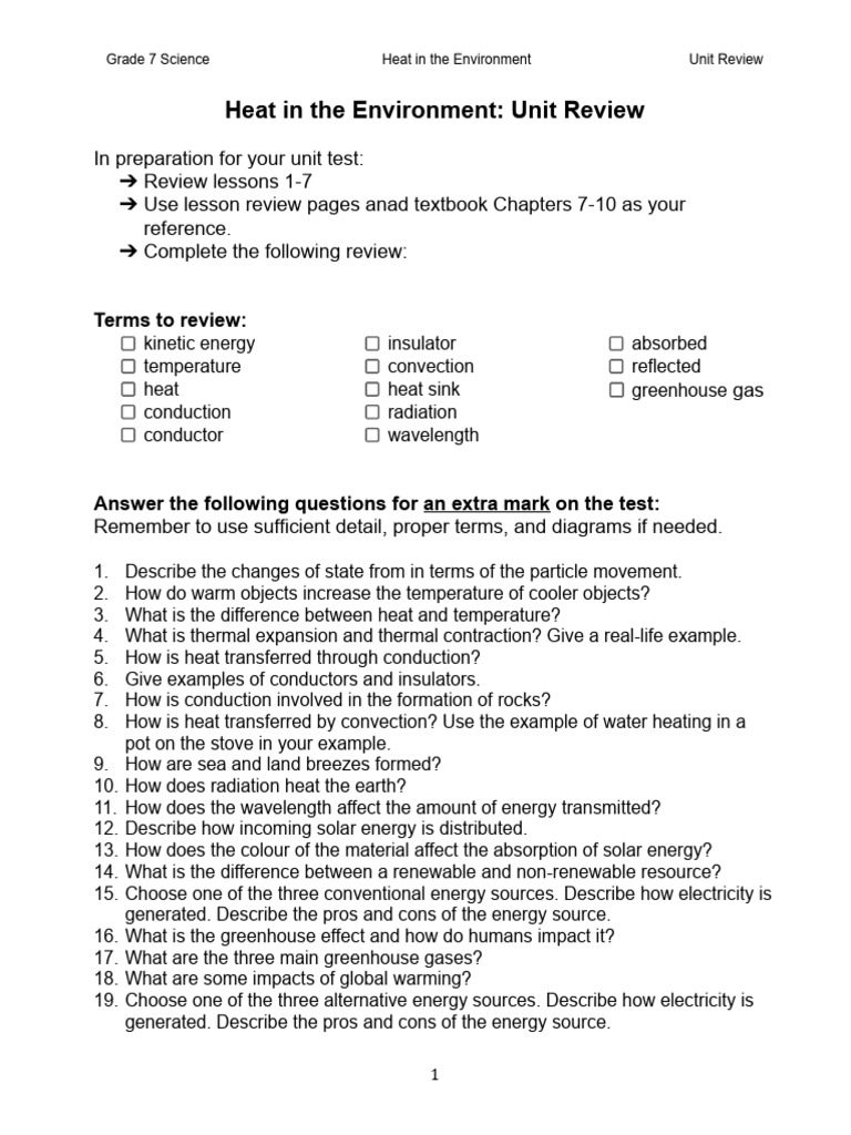 Grade 7 Heat in The Environment Unit Review (ST 2022) | PDF | Science ...
