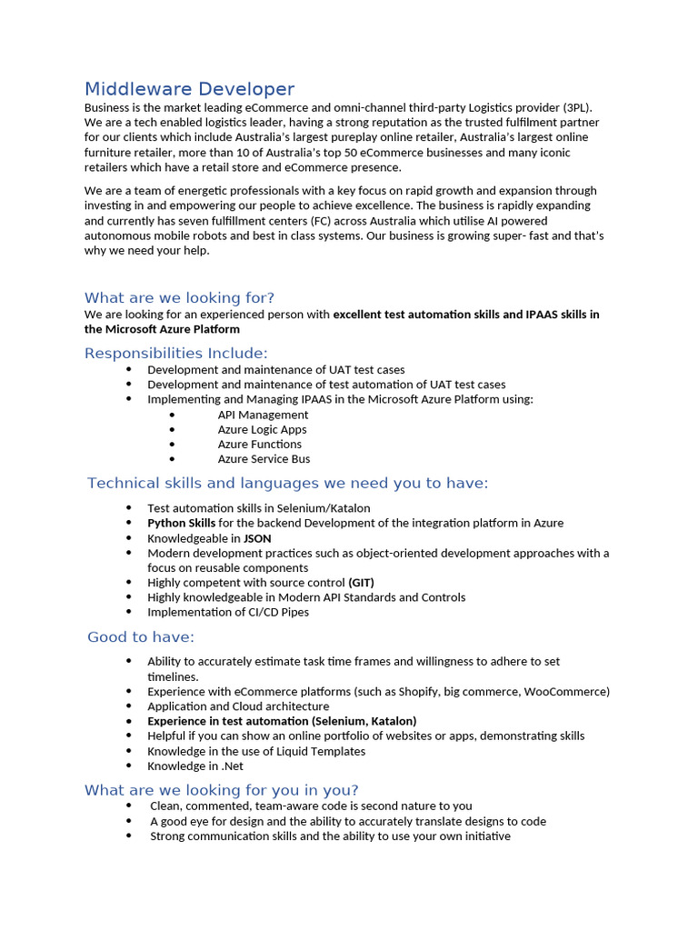 Middleware Developer - JD | PDF | Microsoft Azure | E Commerce